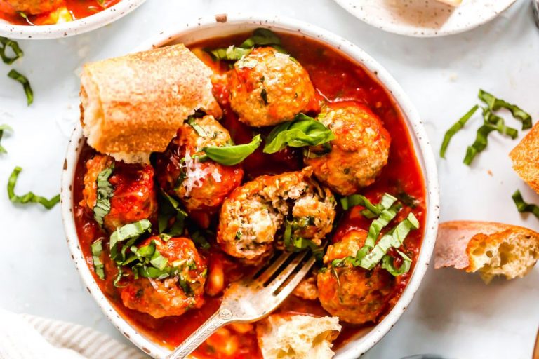 Baked Mozzarella Stuffed Meatballs - Lena's Kitchen
