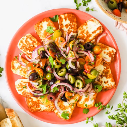 Easy Fried Halloumi (With Tomato & Olive Salad) - Lena's Kitchen