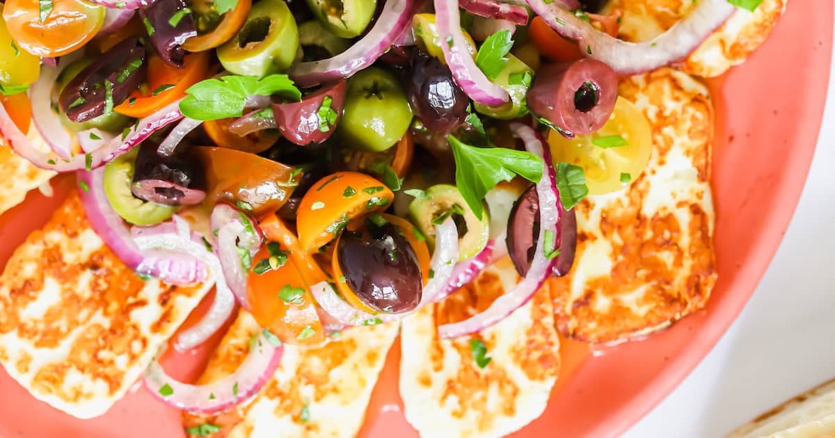 Easy Fried Halloumi (With Tomato & Olive Salad) - Lena's Kitchen